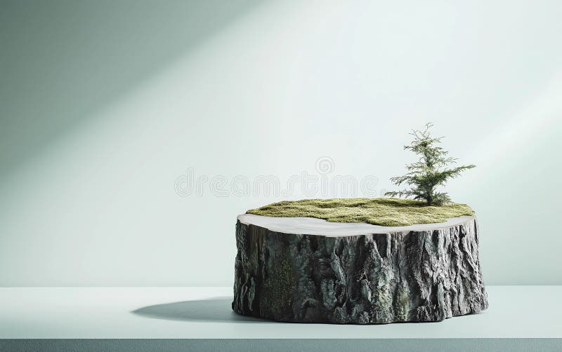 An Empty Podium Made from a Tree Stump Covered in Moss Stands Against a ...