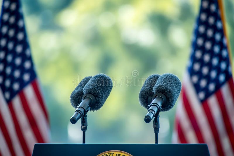 Empty Podium with Microphones and Two American Flags in a Dark ...