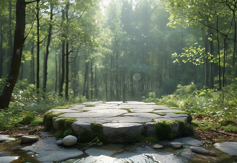 Empty Podium on Natural Slate Surrounded by Forest Greenery. Stock ...