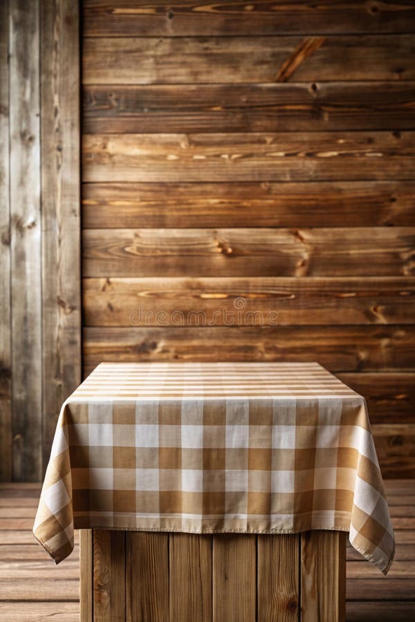 Empty Podium on Wooden Table with Tablecloth Over Rustic Wall ...