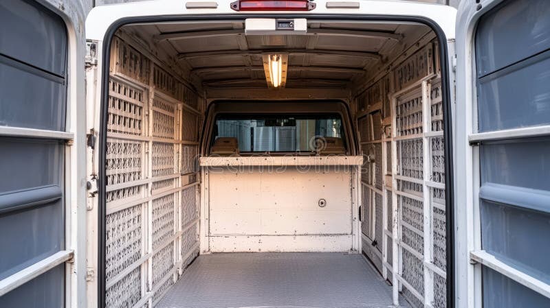 Empty Police Van Interior with Open Doors and Metal Grids Stock Photo ...