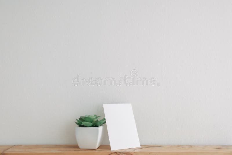 Empty Postcard Mockup with Cactus Pot on White Wall. Stock Image ...