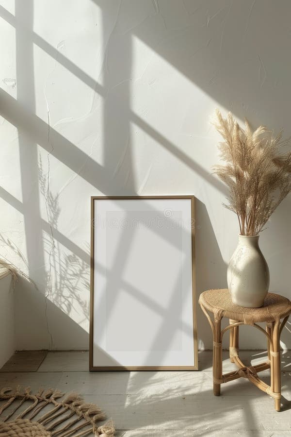 Empty Poster Frame in a Bohemian Interior with Sunlight Shadows Stock ...