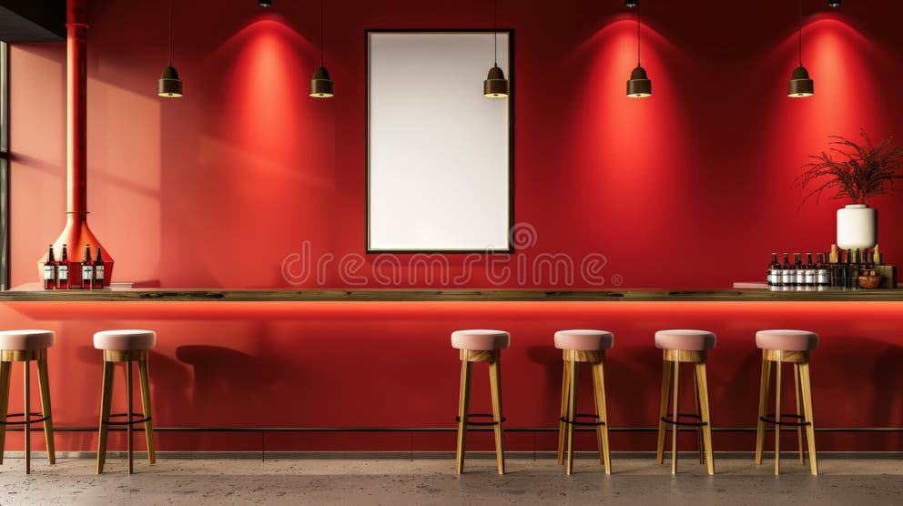 An Empty Poster Frame on a Bold Red Wall in a Modern Bar Interior, with ...