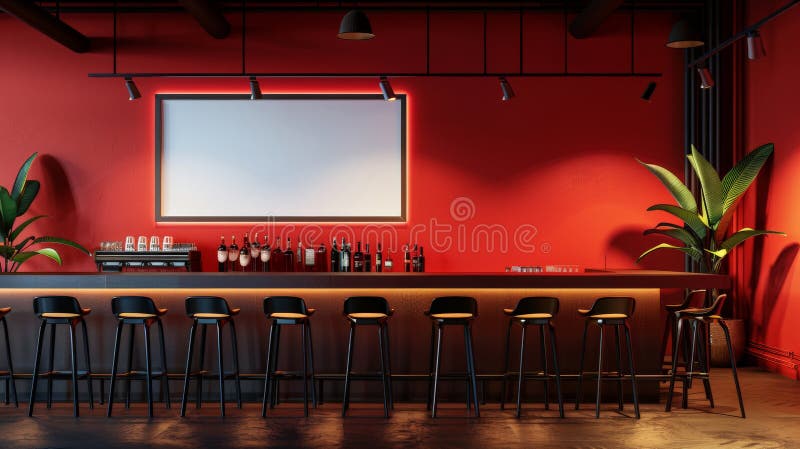An Empty Poster Frame on a Bold Red Wall in a Modern Bar Interior, with ...