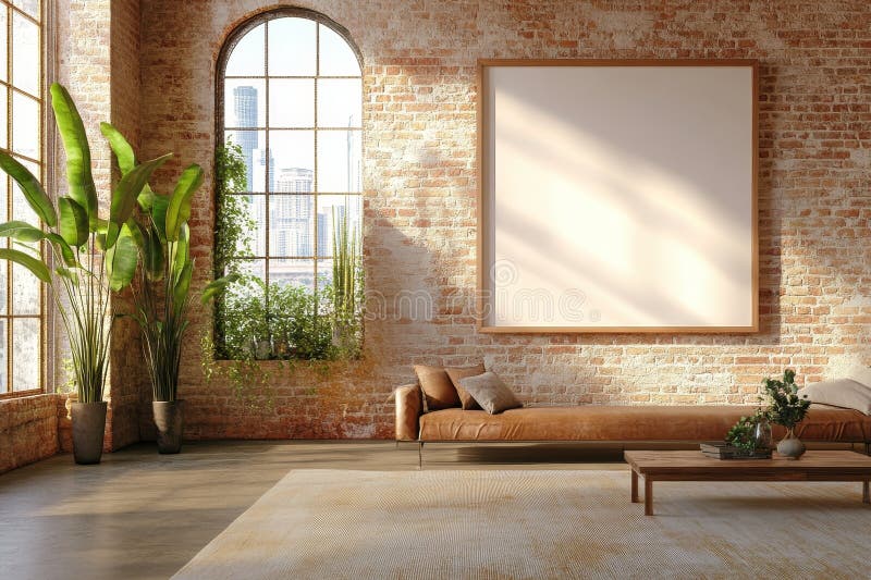 An Empty Poster Frame and Large Windows Can Be Seen on a Brick Wall ...