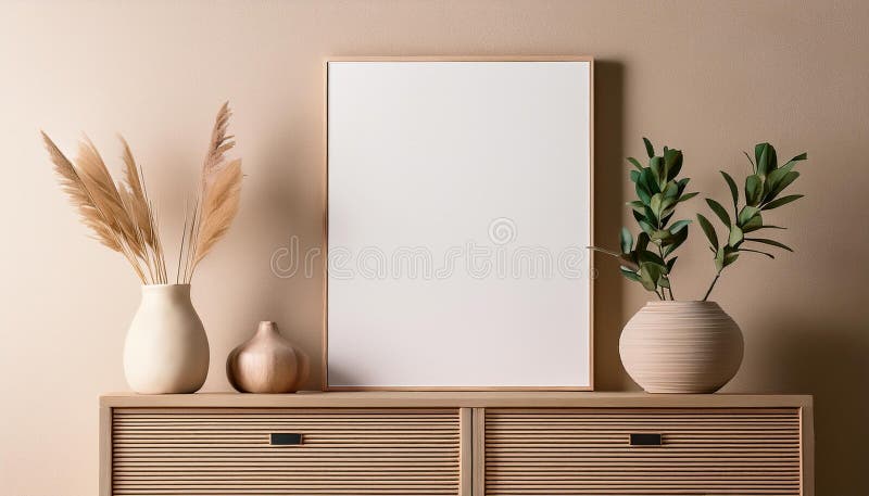 Empty Poster Mockup on a Beige Wall Above a Wooden Cabinet with Decor ...