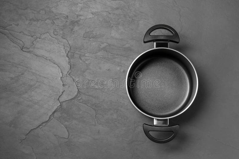Empty Pot on Black Table, Top View. Space for Text Stock Photo - Image ...