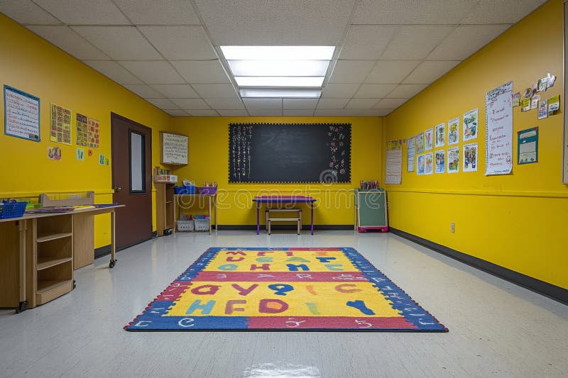 Empty Preschool Classroom with Yellow Walls and Alphabet Rug, Ready for ...