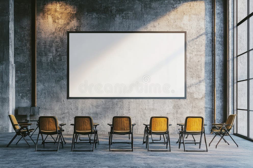 Empty Presentation Screen with Chairs in a Modern Industrial Room ...