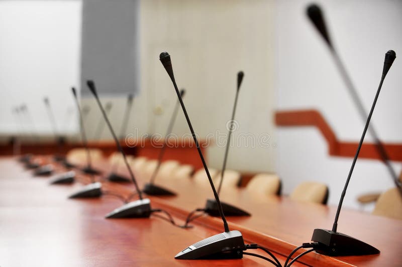 Empty Press Conference Room Stock Photo - Image of microphones, press ...