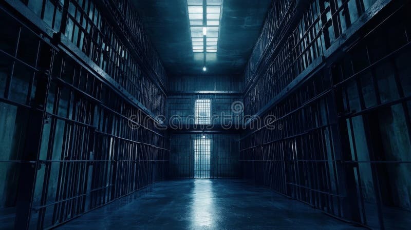 Empty Prison Cell Block with Blue Lighting and Barred Windows Stock ...