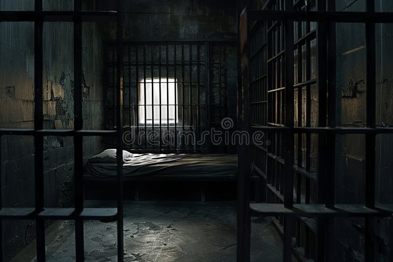 Empty Prison Cell, Featuring Iron Bars, a Simple Bed, and Sparse ...