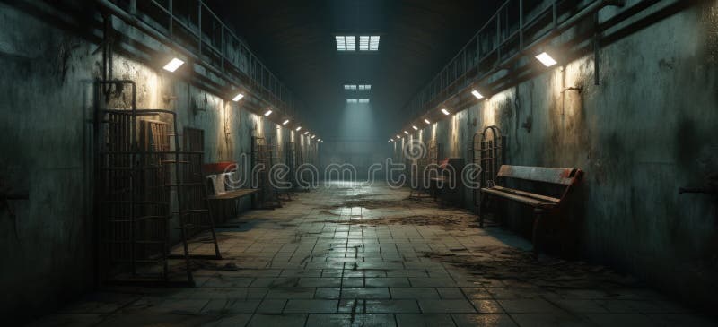 An Empty Prison Cell with Lights on it in a Hallway Stock Image - Image ...