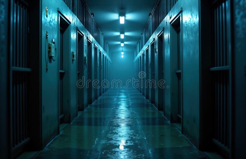 Empty Prison Corridor at Night. Closed Cells Line Both Sides. Blue ...