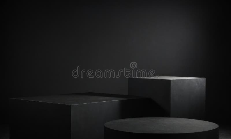 Empty Product Display with Black Square and Round Podiums Stock ...