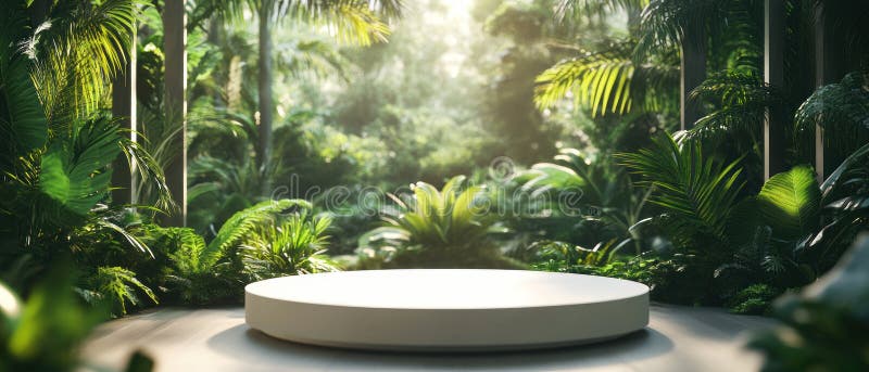 TROPICAL FOREST GREENERY BEHIND EMPTY DISPLAY PODIUM Stock Photo ...
