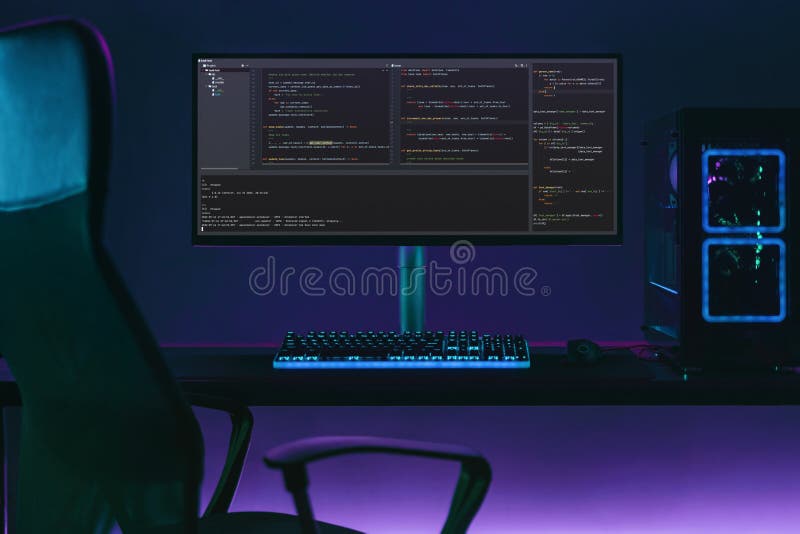 Empty Programming Workspace with Big Monitor Screen Shows Code Stock ... Empty Programming Workspace with Big Monitor Screen Shows Code Stock ...