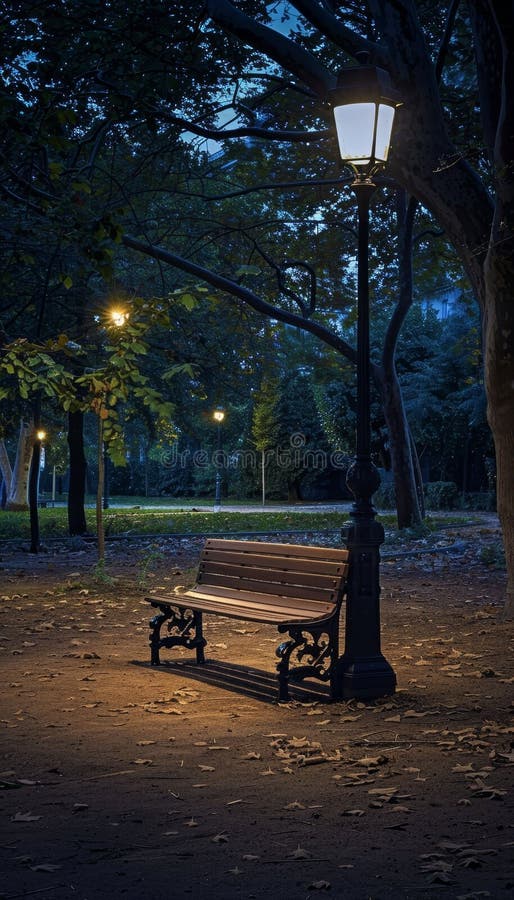 Empty Public Park at Night with Illuminated Lights and Benches for ...