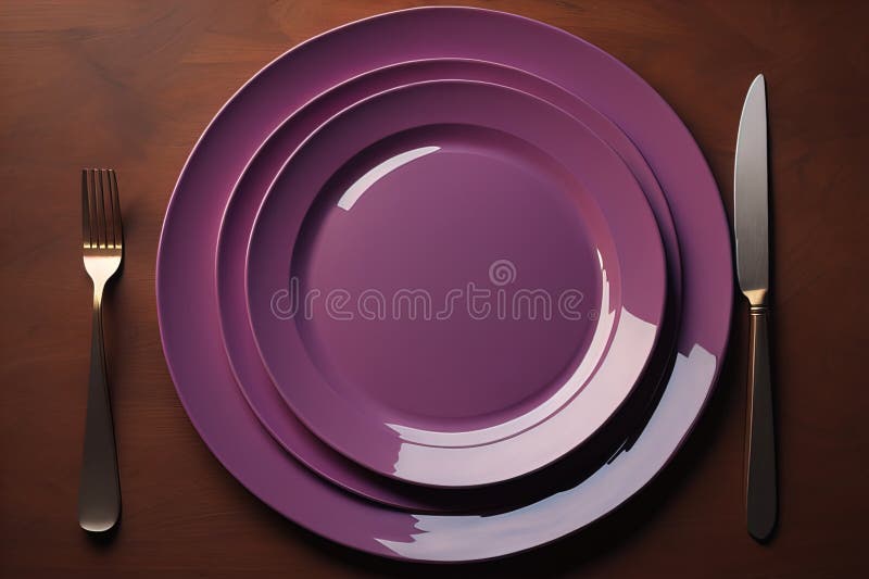 Empty Purple Plates with Cutlery on Wooden Background. Generative Ai ...