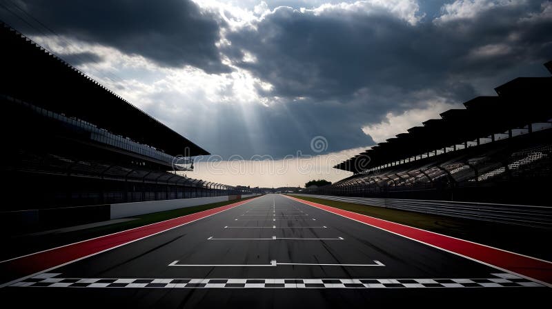 Empty Race Track with Checkered Finish Line and Dramatic Sky Stock ...
