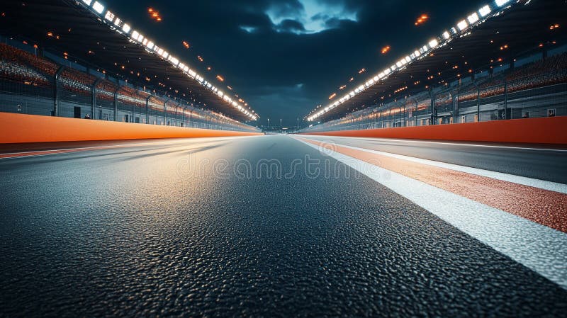 Racing Circuit Under Cloudy Sky with Illuminated Track Lights at Night ...
