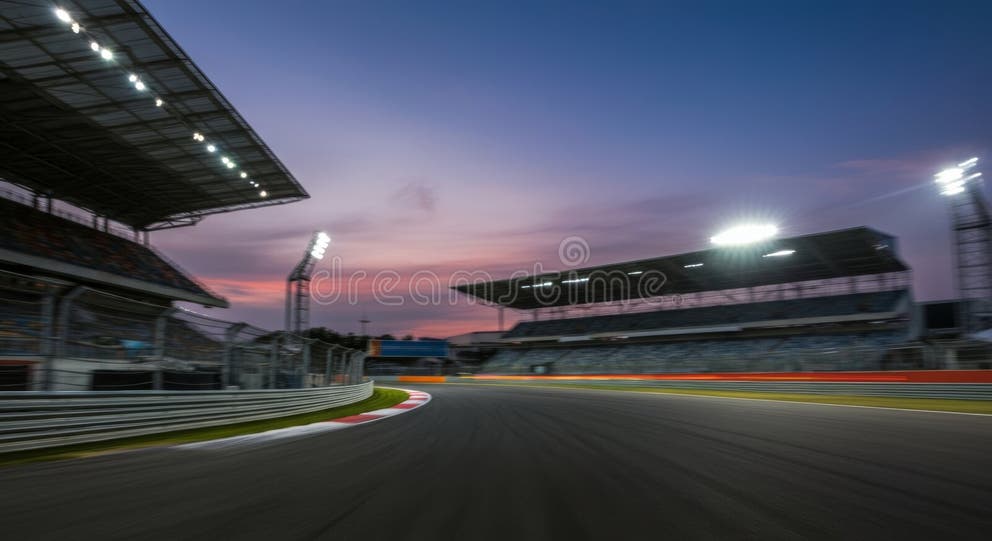 Empty Racing Track at Sunset with Illuminated Stadium and Dramatic Sky ...
