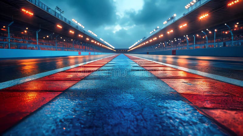 Empty Racing Track with Wet Surface and Glowing Spotlights Under a ...