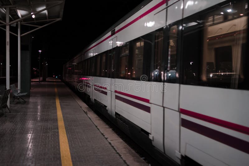 Empty Rail Road Station at Night. the Train is Going on the Tracks ...