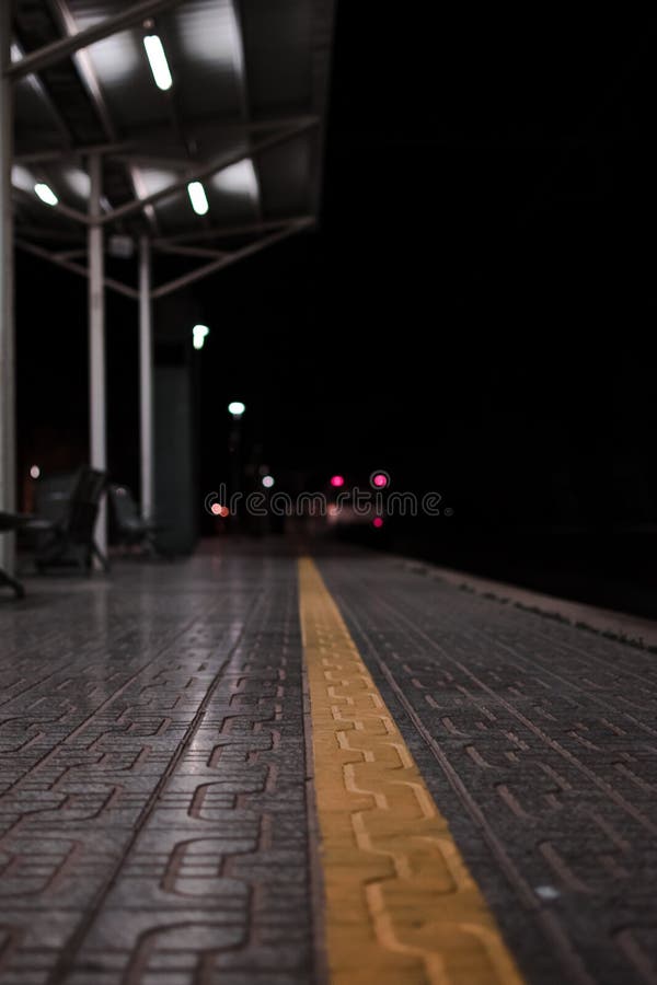 Empty Rail Road Station at Night. the Train is Going on the Tracks ...