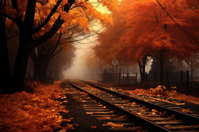 Empty Railway Tracks with Orange Autumn Trees Background Stock ...