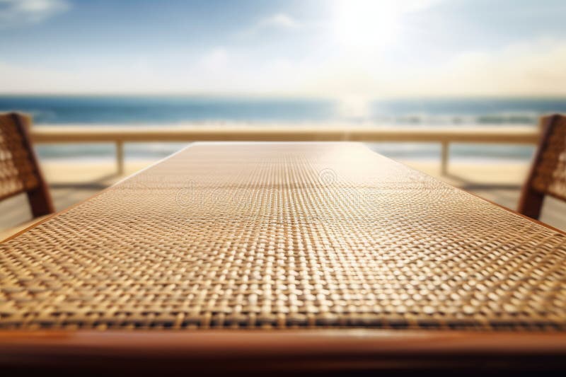 Empty Rattan Wicker Table in a Beach , Overlooking the Sunset Sea Stock ...