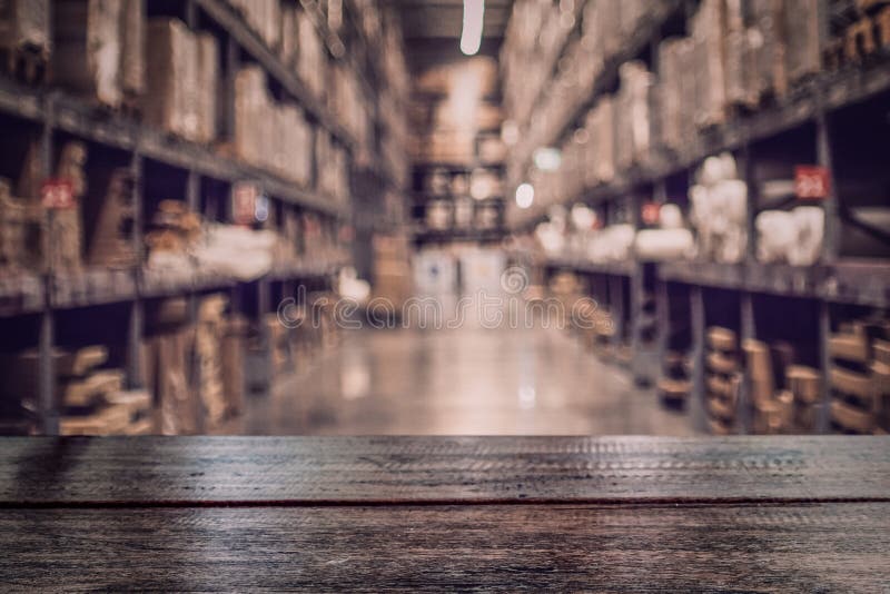 Empty Raw Wood Table Top on Blurred Warehouse Stock Photo - Image of ...