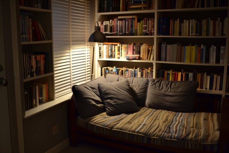 Empty Reading Corner with a Small Couch and a Bookcase Filled with Books Stock Image - Image of ...
