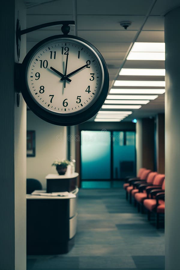 Empty Reception Area Under a Clock Showing 500 PM Stock Illustration ...
