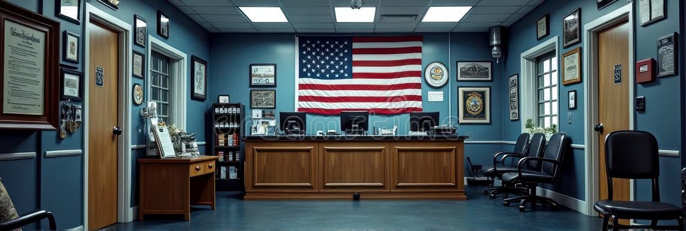 Empty Reception Desk in American Government Office with Flag and ...