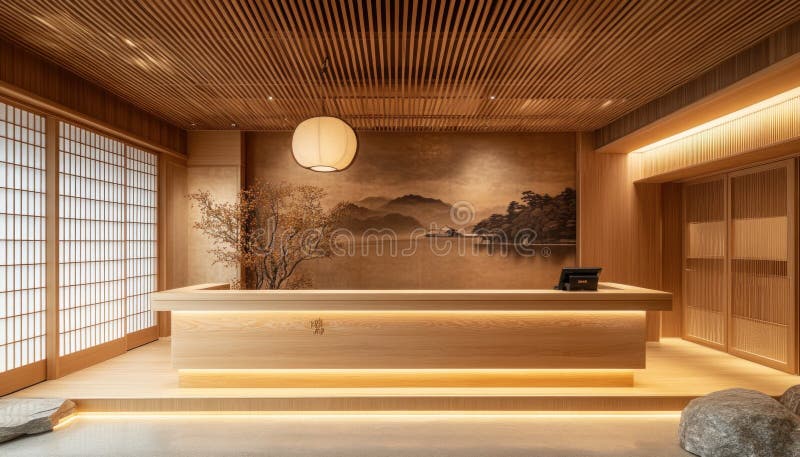 Empty Reception Desk Illuminated with Warm Light in Modern Hotel Lobby ... Empty Reception Desk Illuminated with Warm Light in Modern Hotel Lobby ...