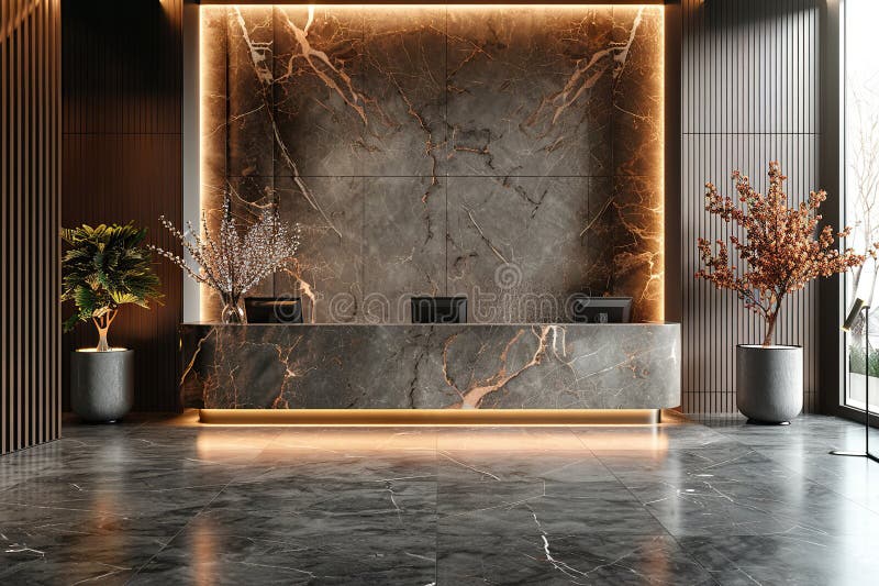 Empty Reception Desk in Luxury Office or Hotel with Computers. Wall ...