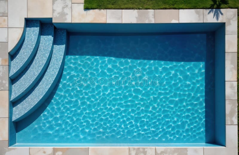 Empty Rectangular Swimming Pool with Blue Mosaic Bottom. Top View Shows ...