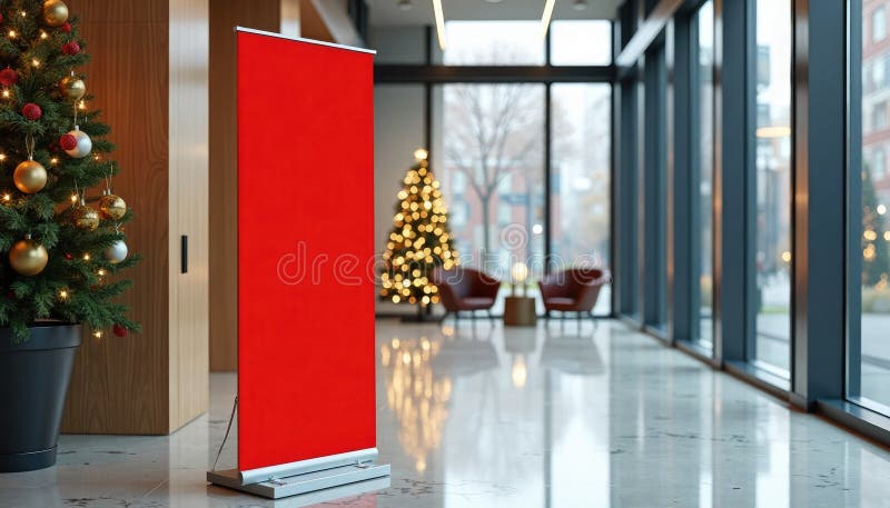 Empty Red Banner in a Festive Lobby with Christmas Trees and a Modern ...