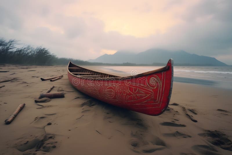 Empty Red Canoe Resting on Beach. AI Generated Stock Illustration ...