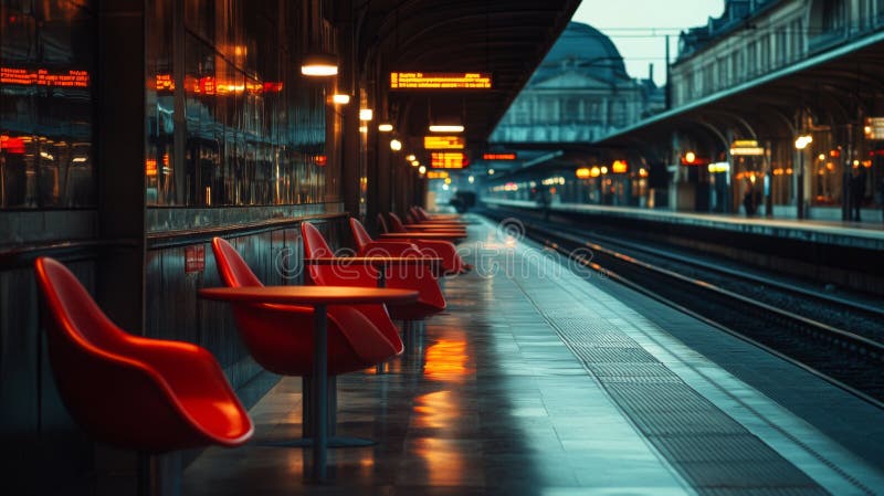 Empty Red Chairs Facing a Train Station Platform Stock Illustration ...