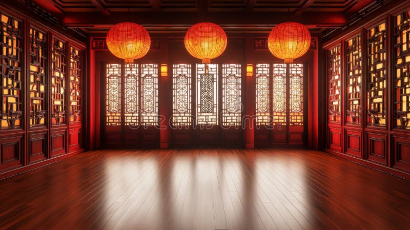 Empty Red Chinese Room with Lanterns and Windows Stock Illustration ...