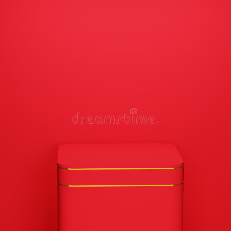 Empty Red Cube Podium with Gold Line on Red Background Stock ...