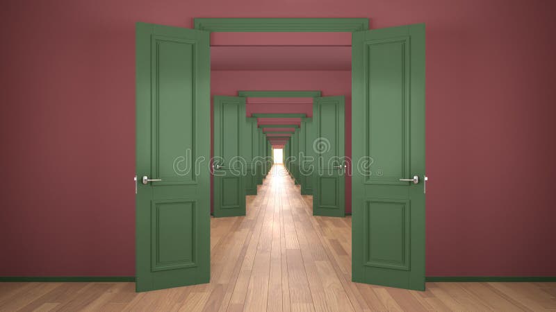 Empty Red and Green Architectural Interior with Infinite Open Doors ...