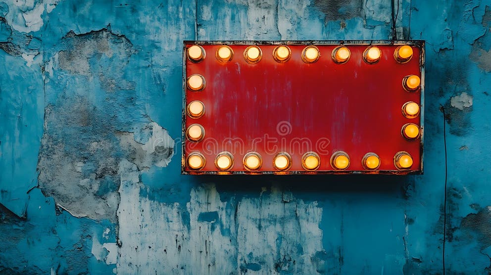 Empty Red Marquee Sign with Glowing Lights on Blue Wall Stock ...