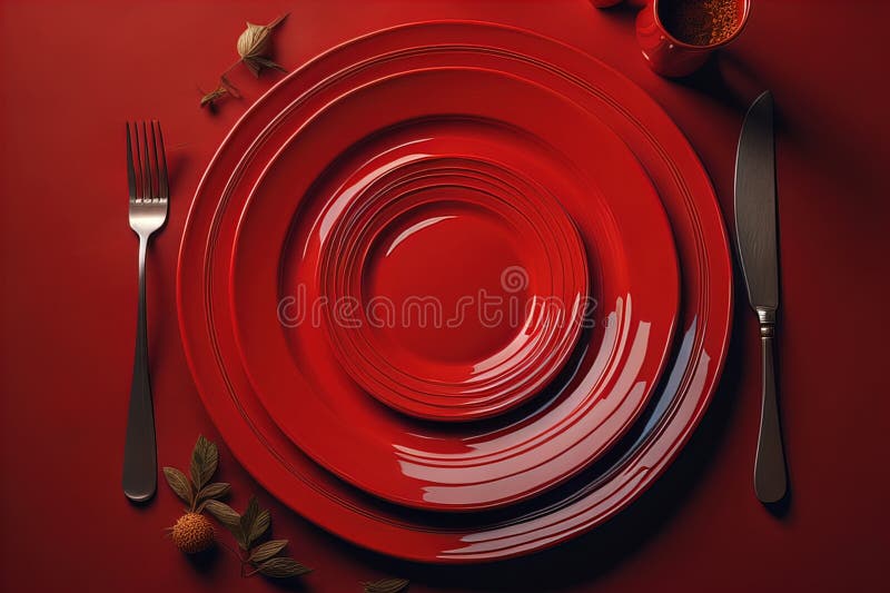 Empty Red Plate with Fork and Knife on Red Background, Top View ...