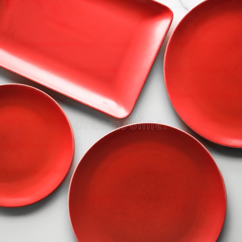 Empty Red Plate on Marble - Recipe and Restaurant Mockup Flatlay ...