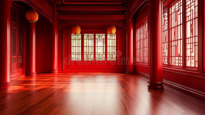 Empty Red Room with Lanterns and Lattice Windows Stock Illustration ...