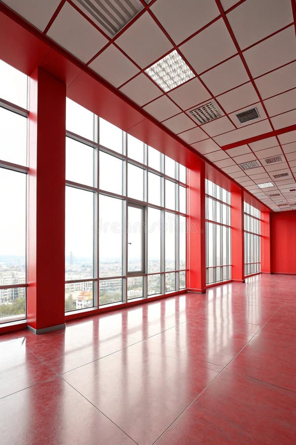 Empty Red Room with Large Windows and Reflective Floor Stock Photo ...